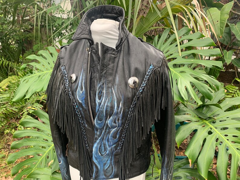 Blue Flame Fringe Vintage Biker Jacket Bomber Jacket Style Upcycled ...