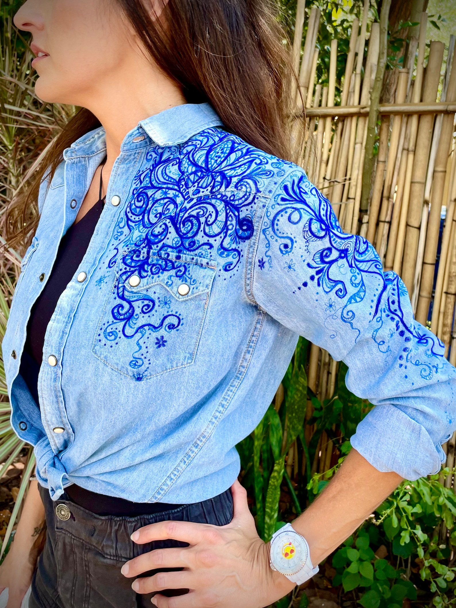 Hand Painted Denim Shirt Upcycled Size S Unisex Pearlized - Etsy