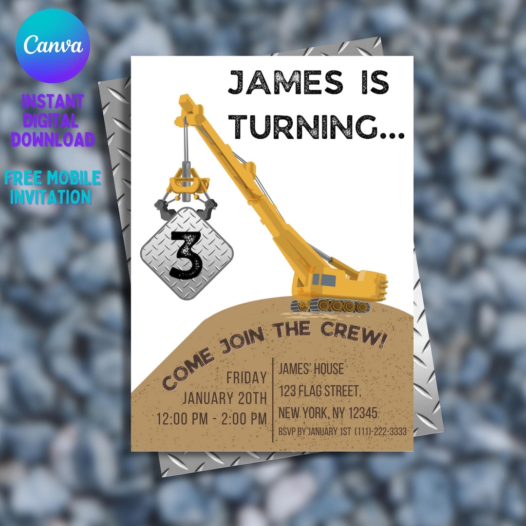 EDITABLE Construction Invitation, Equipment Birthday Digital Invitation ...