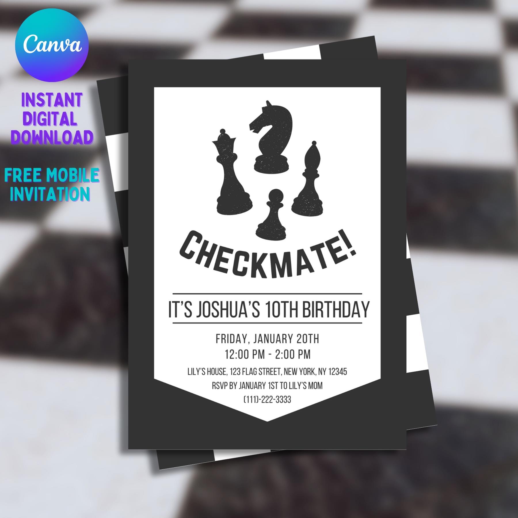 EDITABLE Chess Birthday Invitation, Chess Birthday Digital Invitation ...