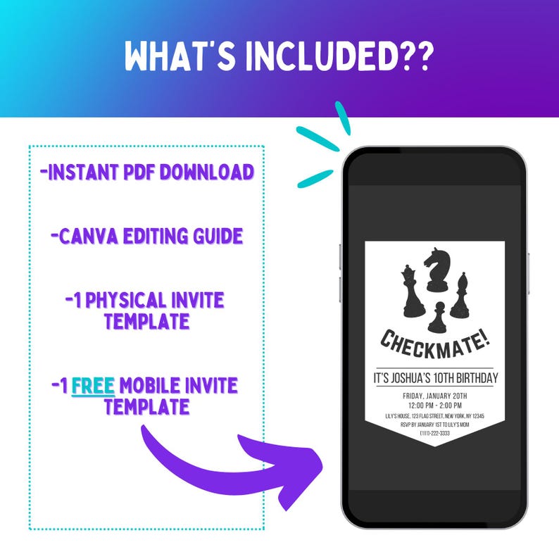 EDITABLE Chess Birthday Invitation, Chess Birthday Digital Invitation ...