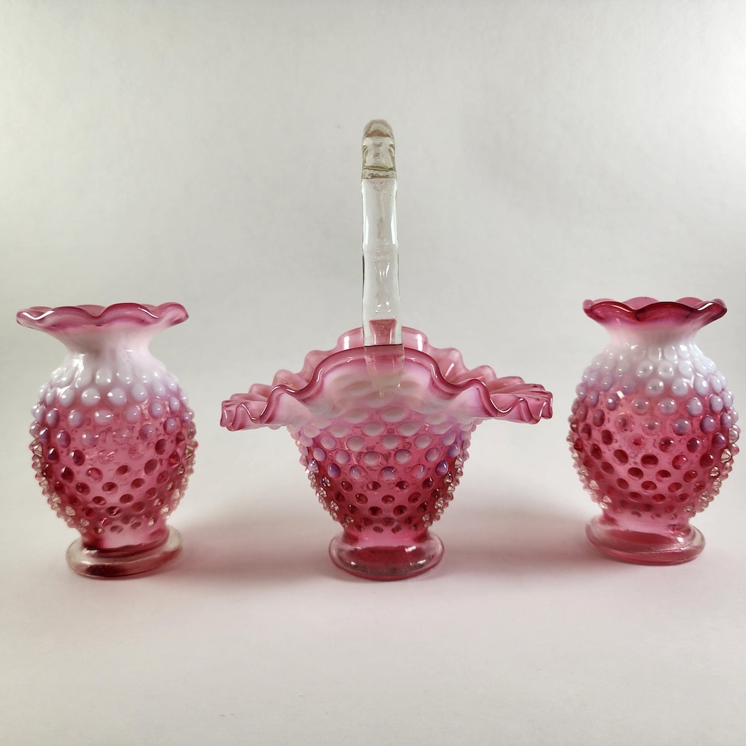 Vintage Hobnail Pink Fenton Glass Basket and Flower Vases Set - FAST ...