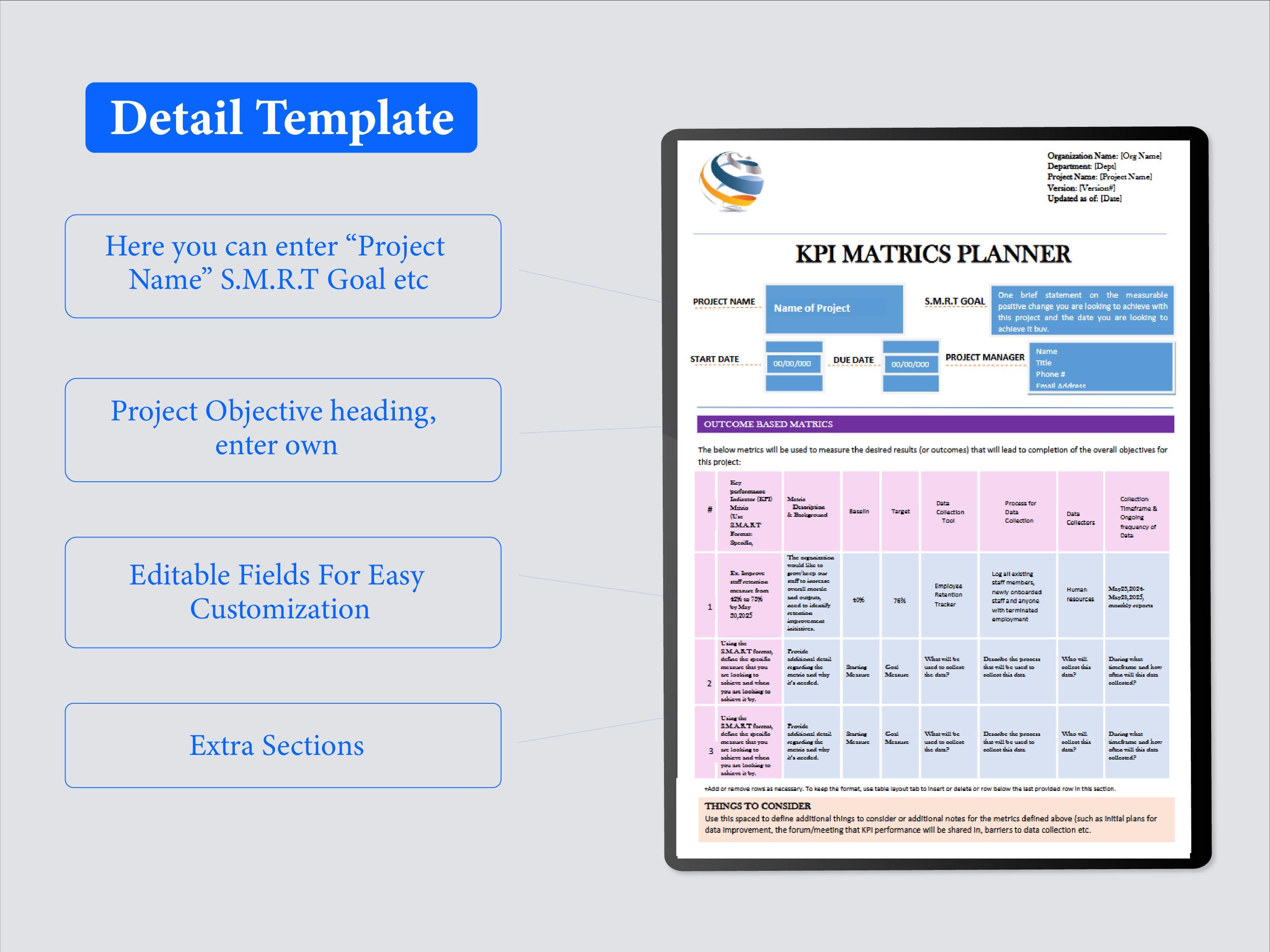 KPI Planner Template | Metrics Planner Template | Project Management ...
