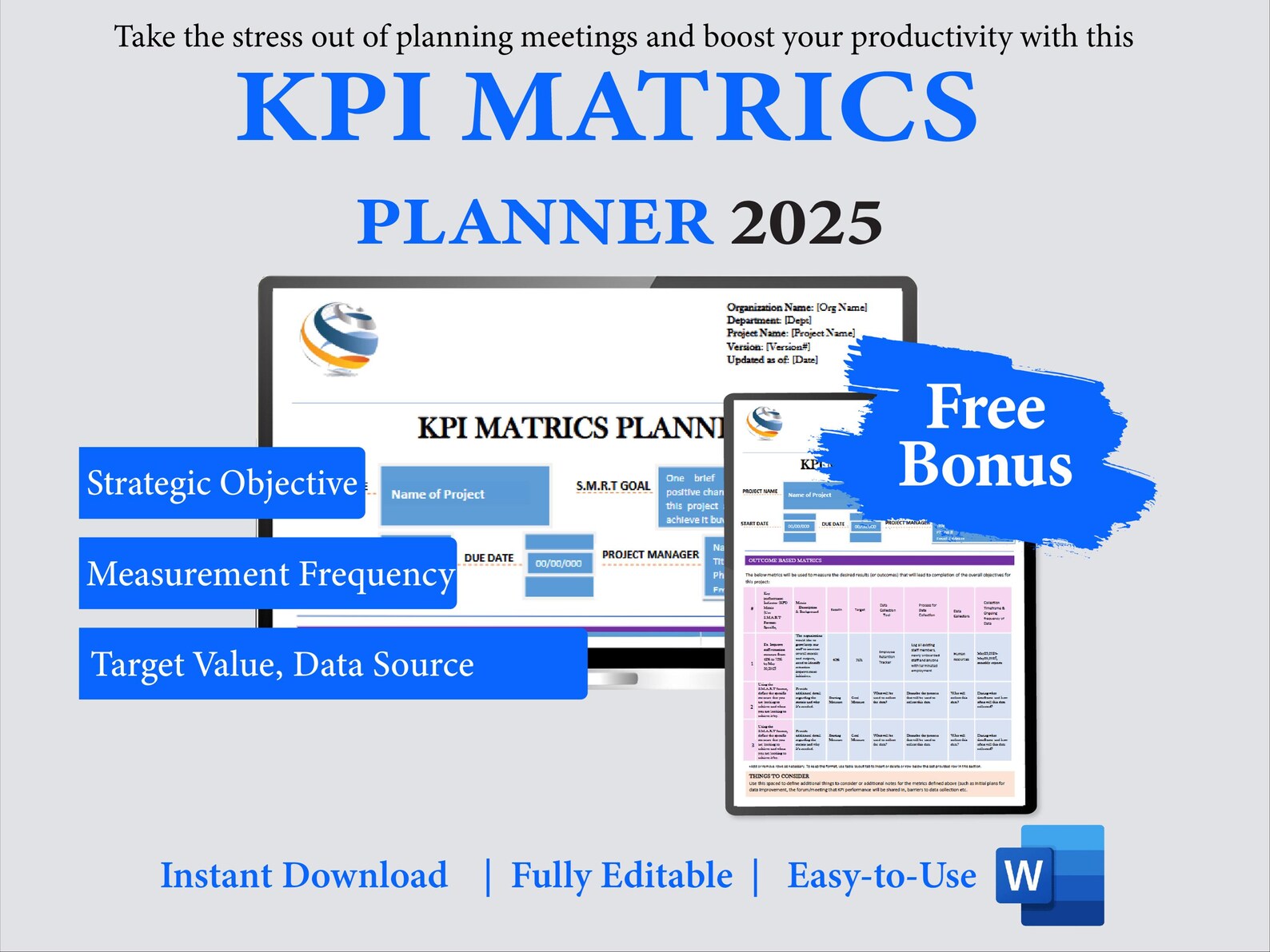 KPI Planner Template | Metrics Planner Template | Project Management ...