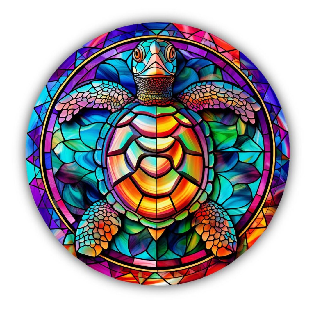 Colorful Stained Glass Art Sea Turtle Shaped Vinyl Matte Sticker Cut to ...