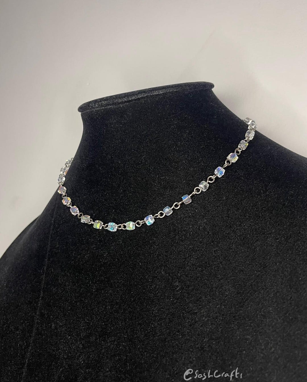 Handmade Clear White Cube Chain Necklace, Choker, Adjustable, Glass ...