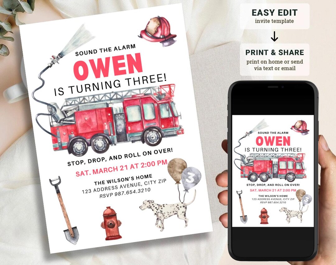 Stop Drop and Roll Over 3rd Birthday Party Invitation Boys Trucks ...