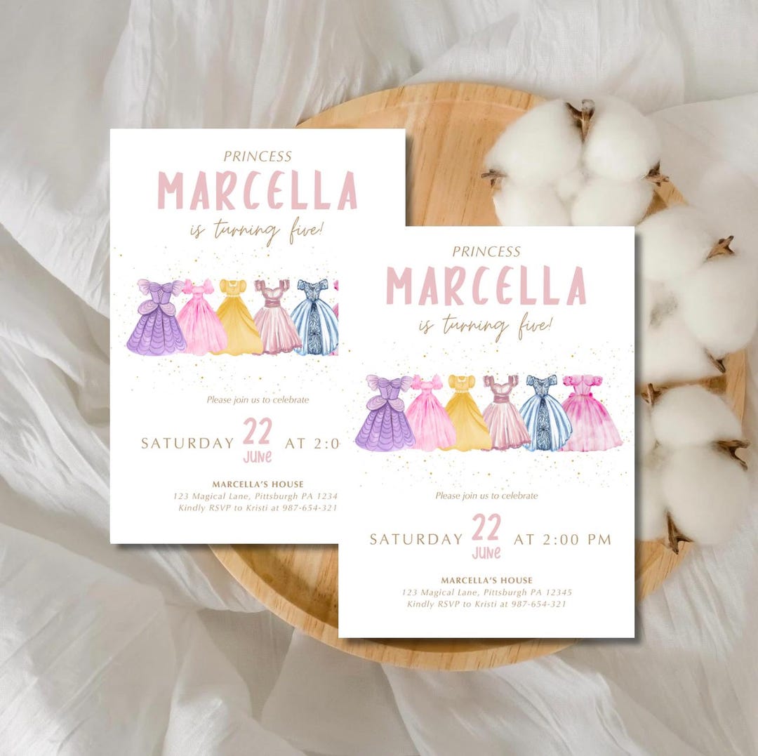 Princess Dresses Birthday Party Girls Invitation Editable Template ...