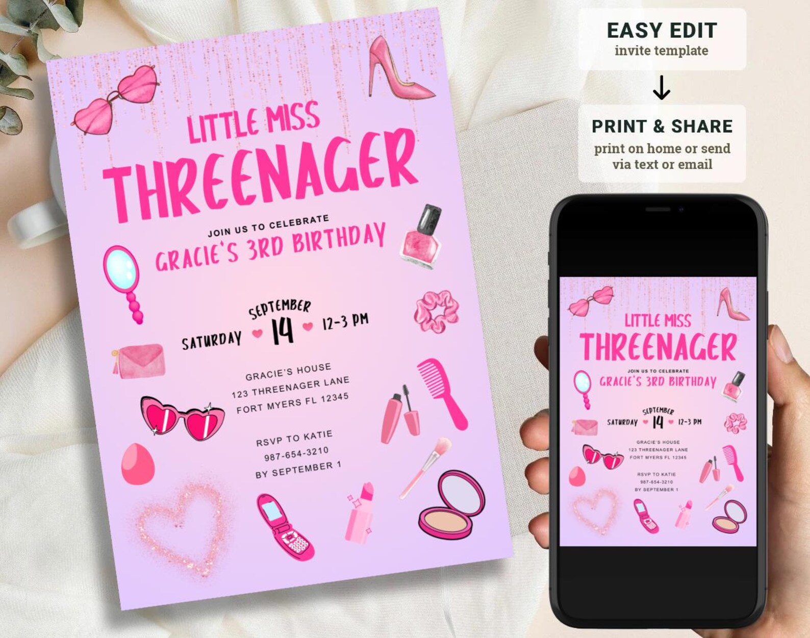 Little Miss Threenager 3rd Birthday Party Invitation Girls Makeup Three ...