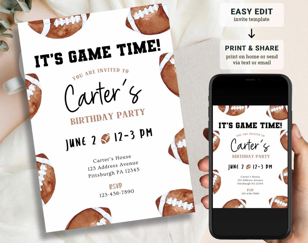 Its Game Time Birthday Party Invitation Boys Football Sports Theme Any ...