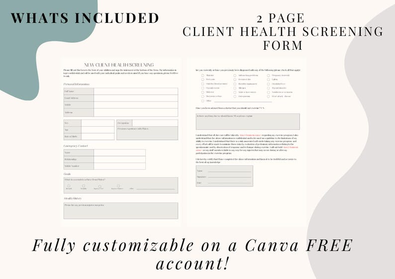 New Client Health Screening Form Pilates Instructor Reformer Pilates A4 ...