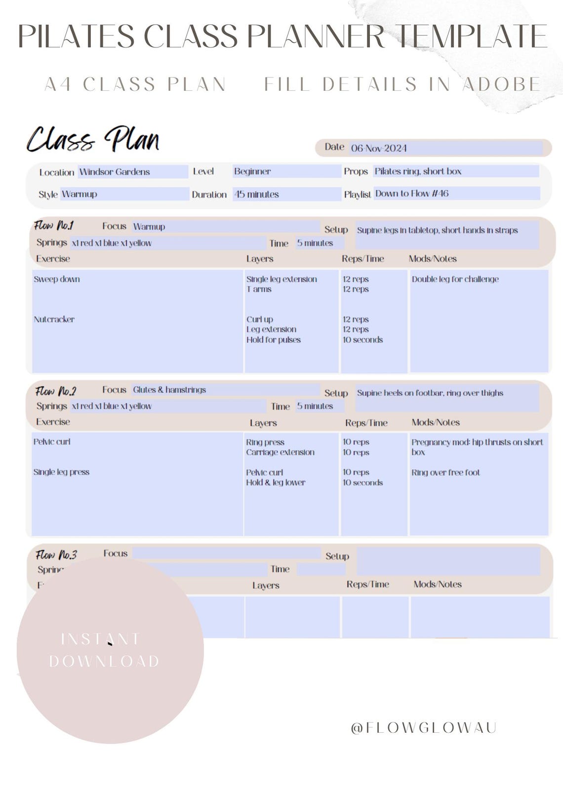 Pilates Class Planner Template | Pilates Instructor | Reformer Pilates ...