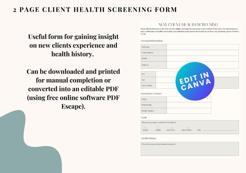 New Client Health Screening Form Pilates Instructor Reformer Pilates A4 ...