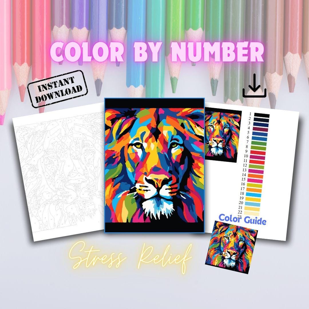 Color-by-number Lion Digital Download | Relaxing DIY Art Activity ...