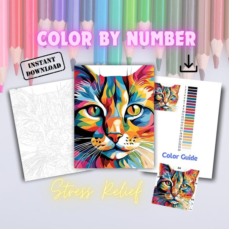 Color-by-number Cat Digital Download | Relaxing DIY Art Activity ...