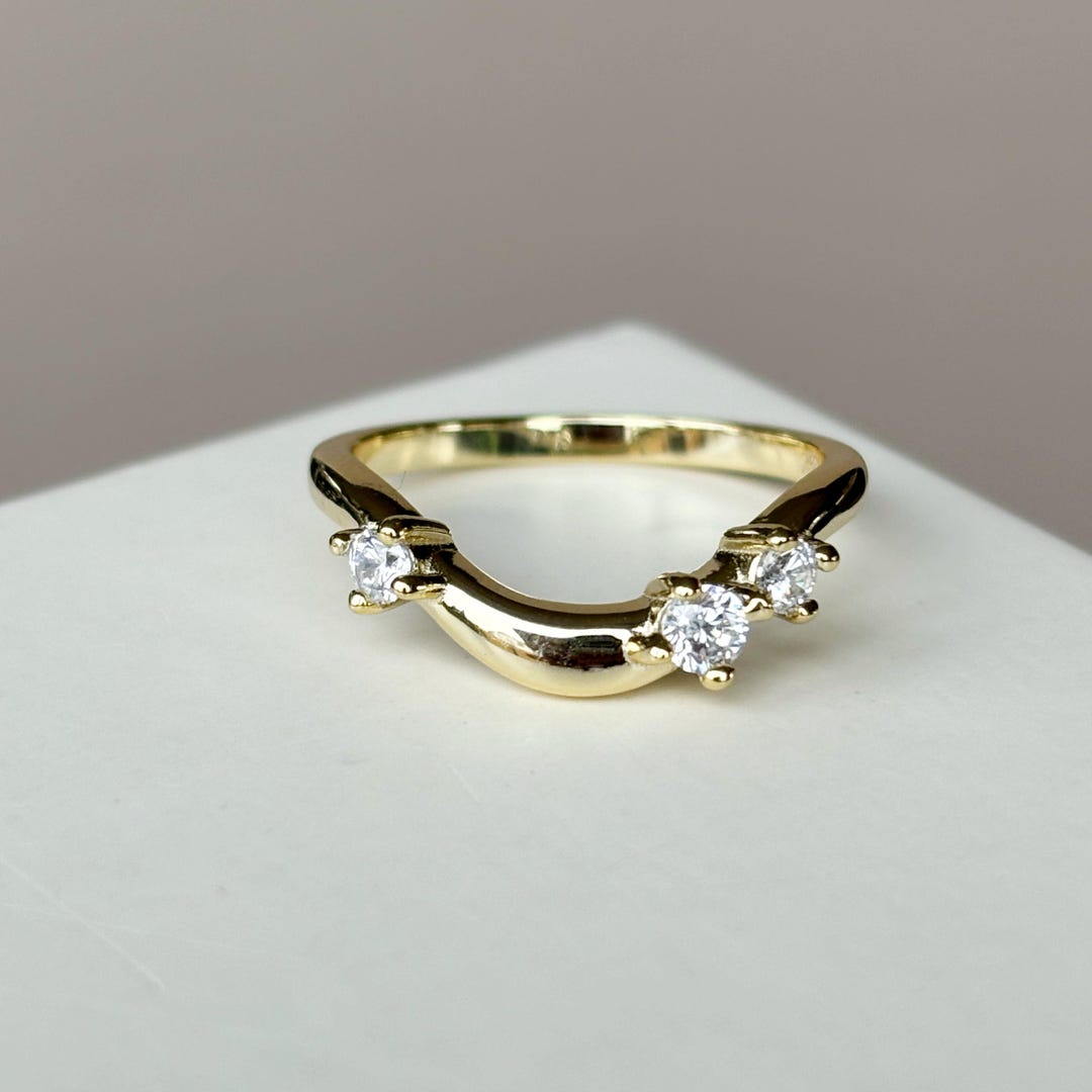 Wedding Band Curved Band Ring Anniversary Ring With Round Stones Chunky ...