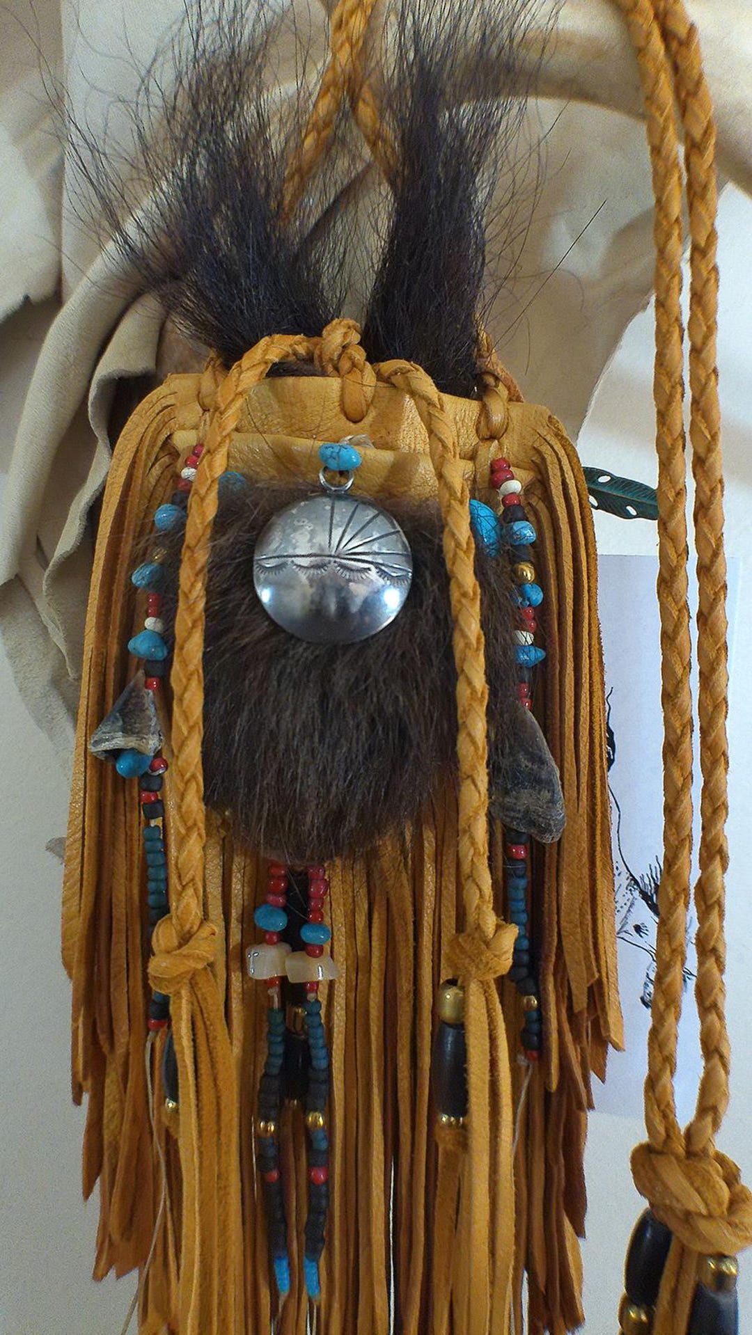 Buffalo Deerskin Leather Navajo Silver Fringed Medicine Bag Amulet ...