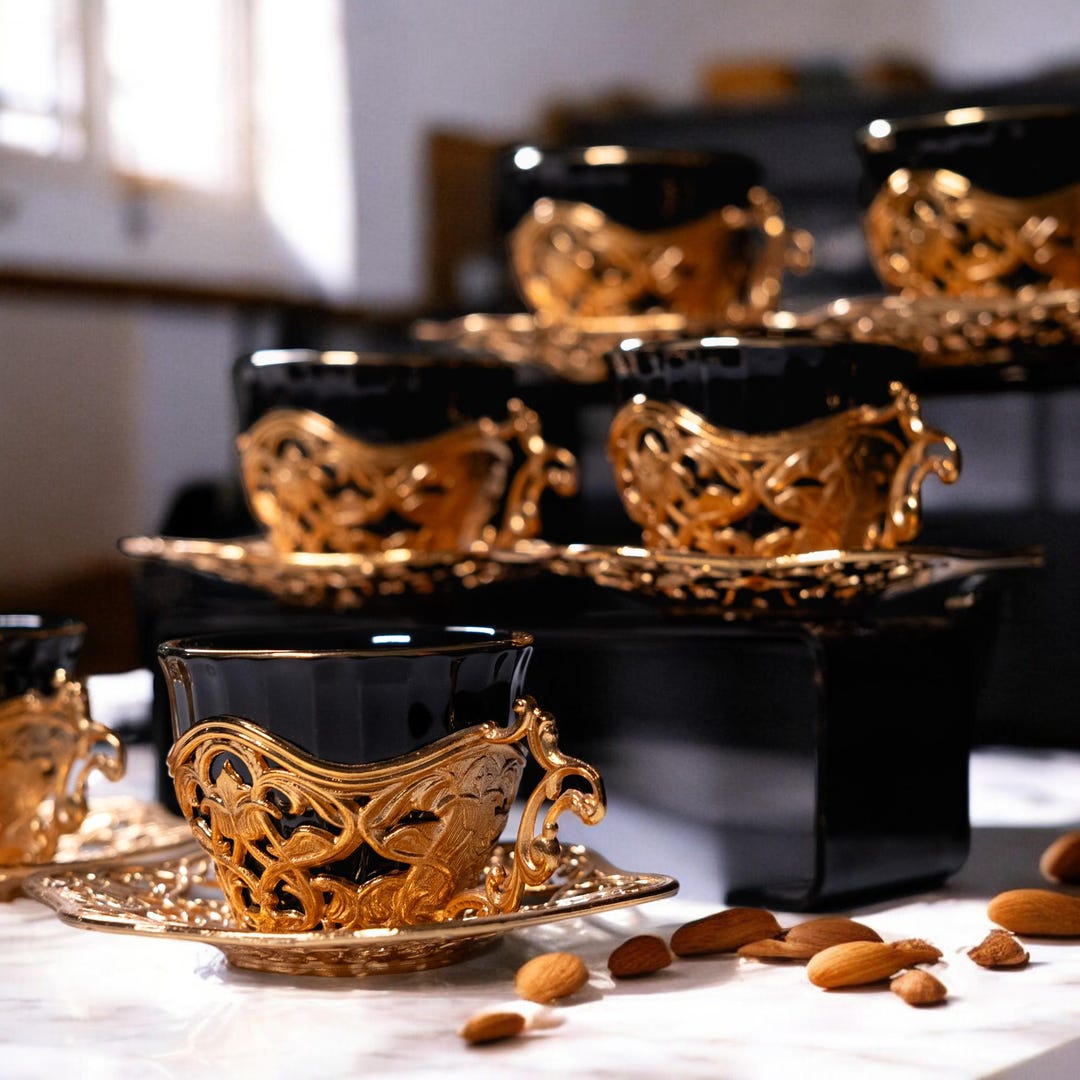 Exclusive Design 6 Cups and 6 Coasters 90 Ml Black and Gold Royal Tea ...