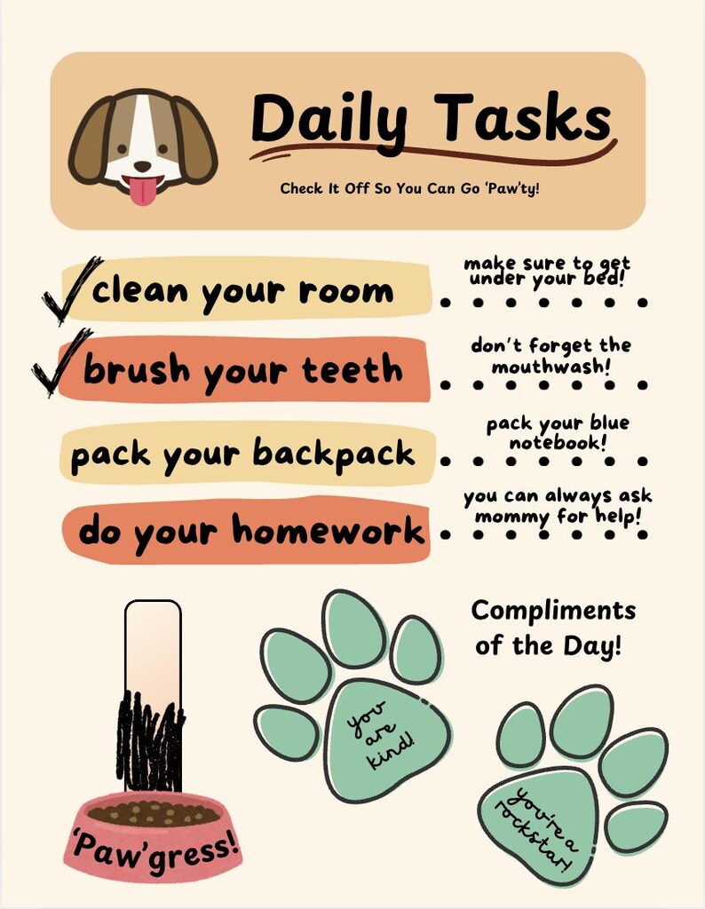 Children's Fun Cute Daily Checklist Customizable Paper Printable ...