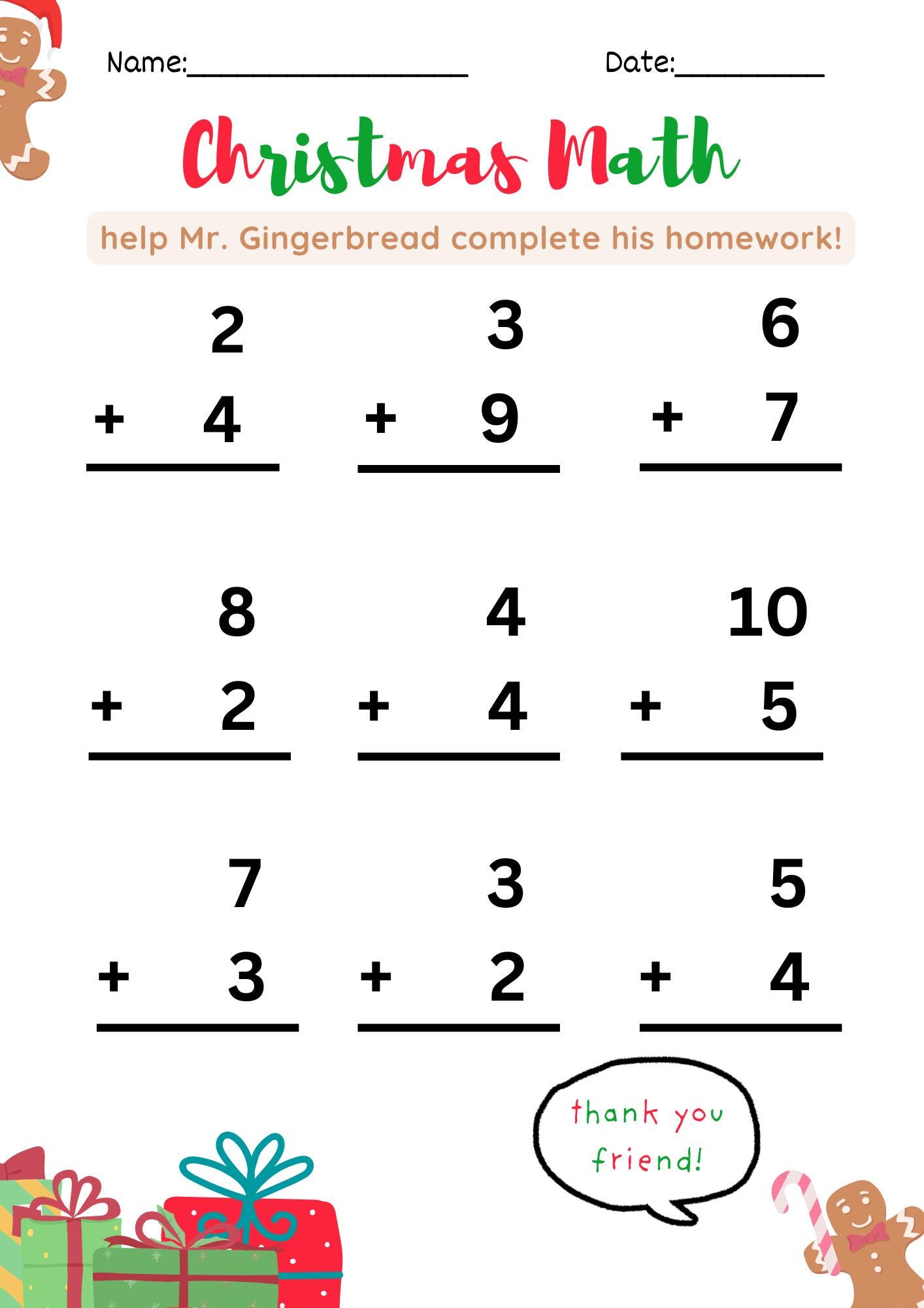 Christmas Math Worksheet! Addition Subtraction Division Multiplication ...