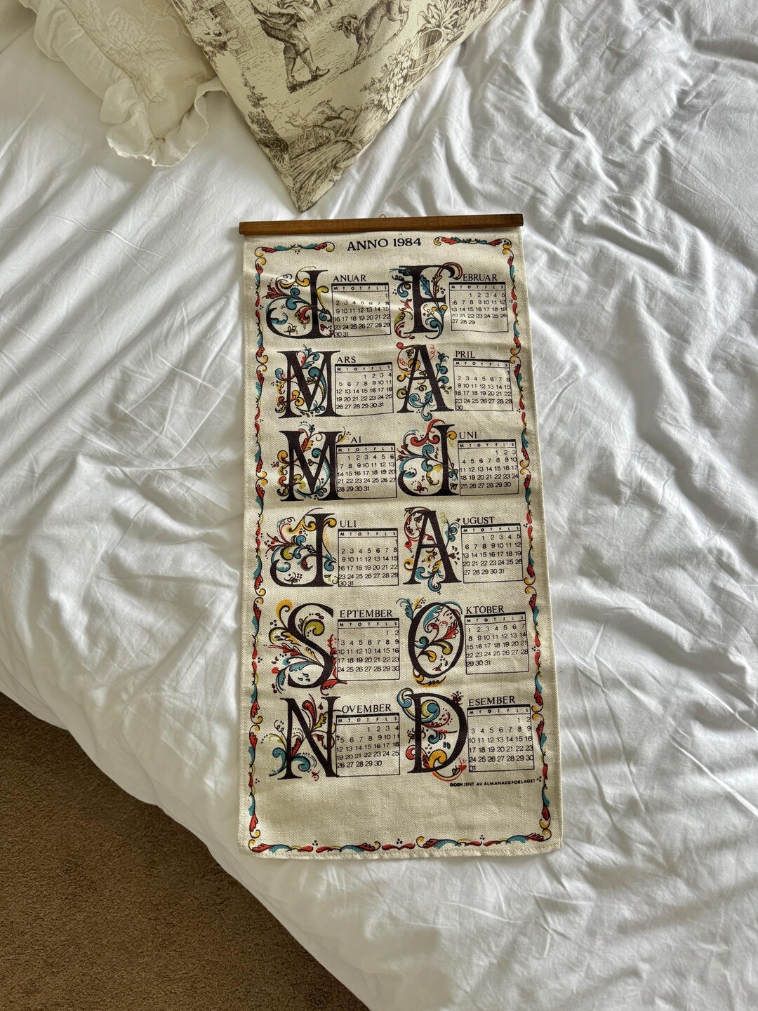 Vintage 1984 Linen Tapestry Wall Calendar: Scandinavian Cottage Decor ...
