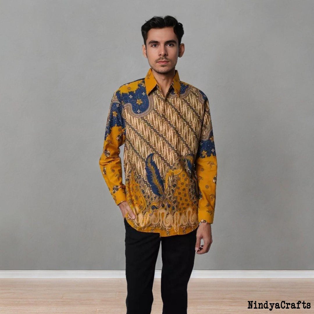 Heritage Inspired Gosanke Pattern Batik Shirt for Men in Warm Yellow ...
