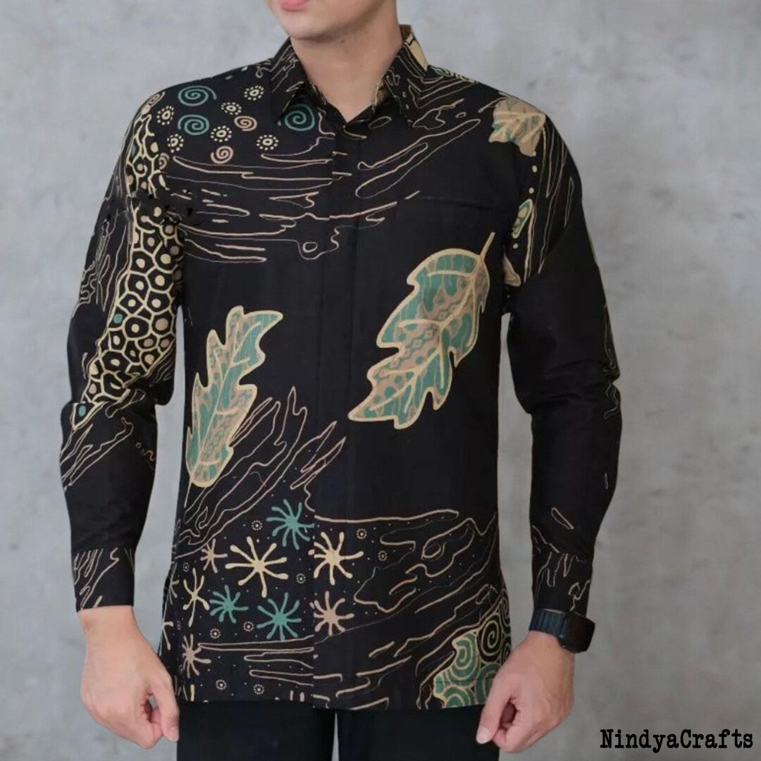 Whisper of the Midnight Leaves Traditional Batik Long Sleeve for Men ...