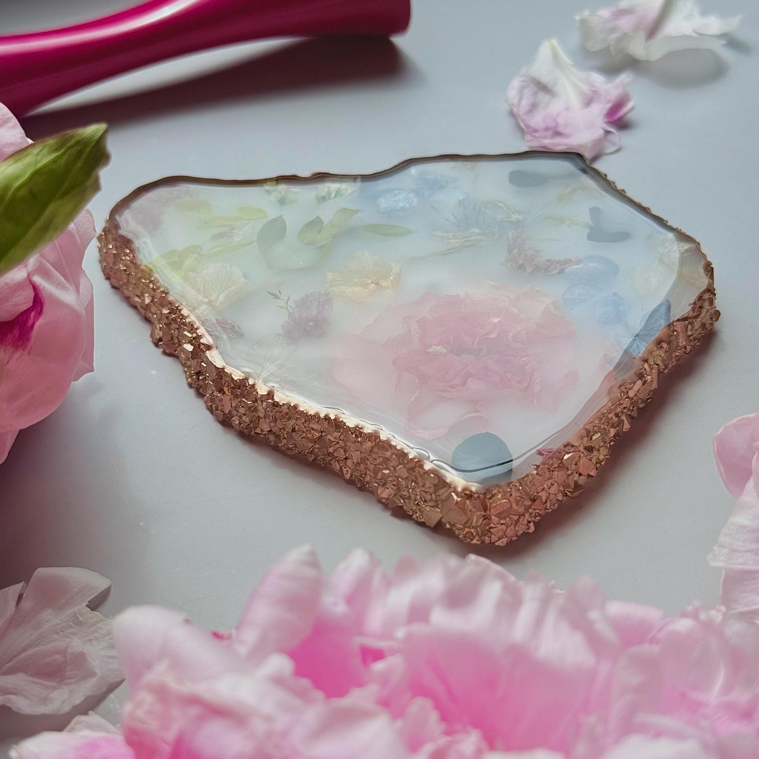 Pressed Flower Resin Coaster: Pastel White & Rose Gold - Handmade - Etsy