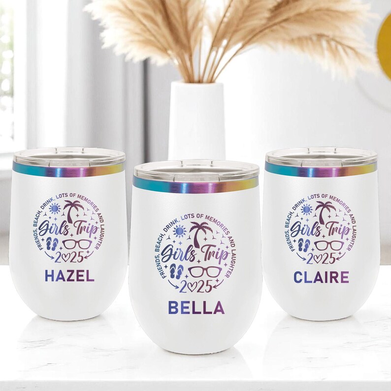 Custom Name Girls Beach Trip Stemless Tumbler, Personalized Wine Cup ...
