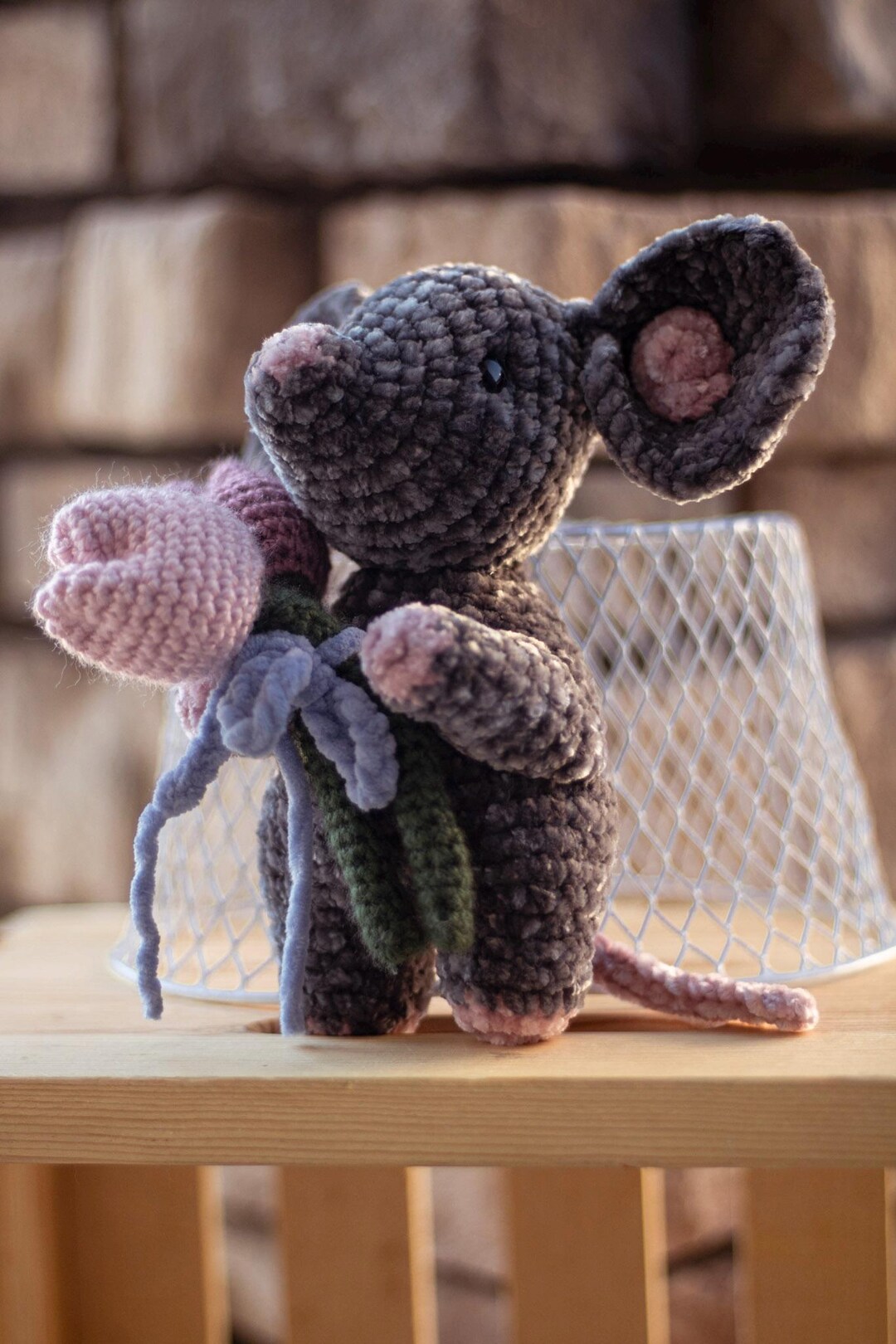 Gray Mouse Plushie With Tulips/crocheted Mouse Plushie/crocheted Mouse ...