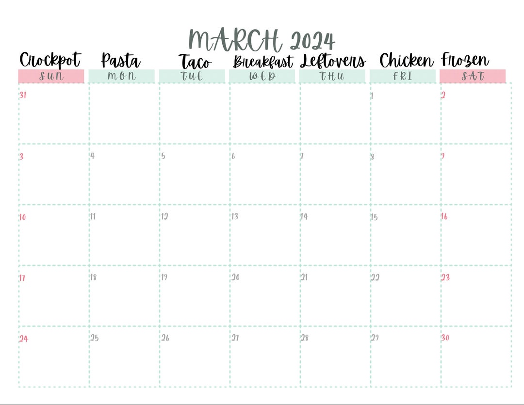 March Meal Plan Calendar - Etsy