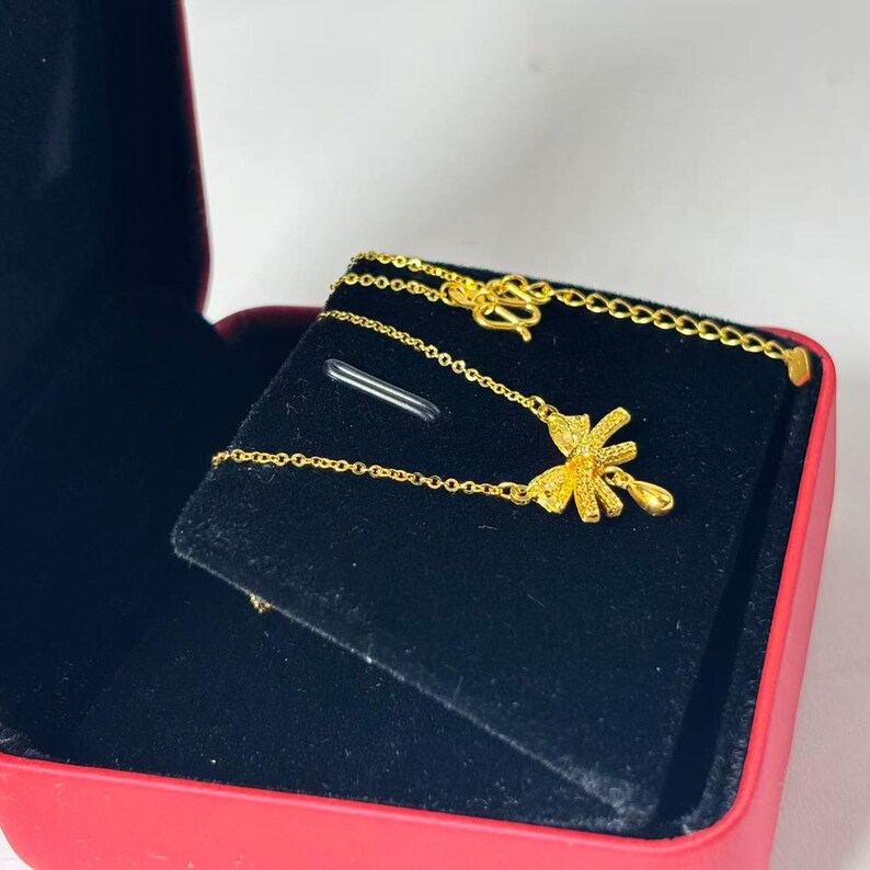 24K Pure Solid Gold Women Necklace: Small Water Droplet Pendant ...