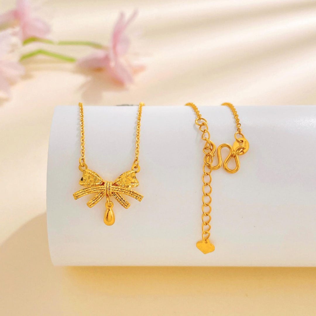 24K Pure Solid Gold Women Necklace: Small Water Droplet Pendant ...