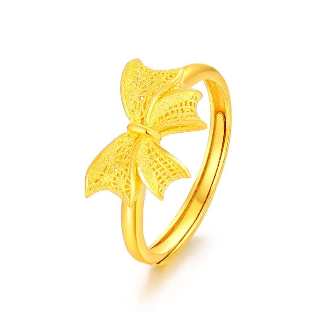 24K Solid Gold Bow Ring: Adjustable Delicate Gold Jewelry - Etsy