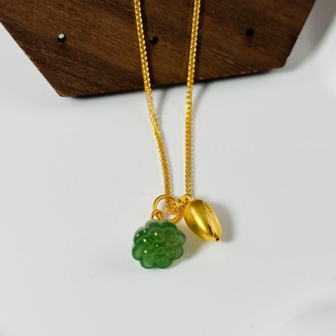 24K Pure Gold Lotus Jade Pendant Necklace. Vintage Floral Pendant Chain ...