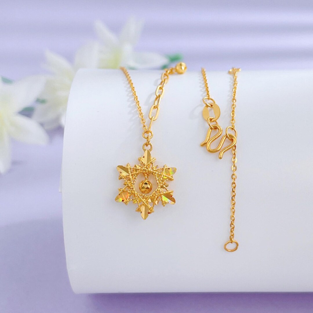 Women 24K Solid Gold Women Necklace: Hexagram Pendant, Handmade Chain ...