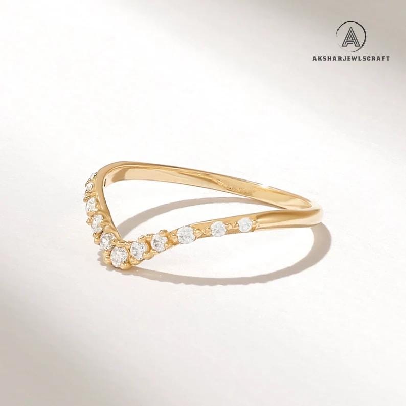 14k Solid Gold Curved Moissanite Ring Chevron V-ring With Simulated Diamonds Bridal Set Band ...