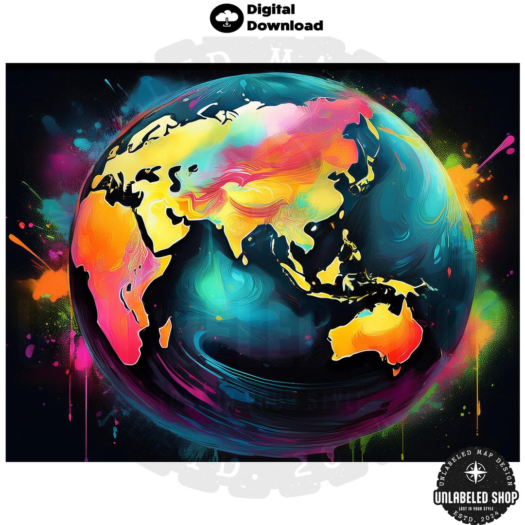 Vibrant World Map Download, Colorful Globe Print, Modern Wall Art ...