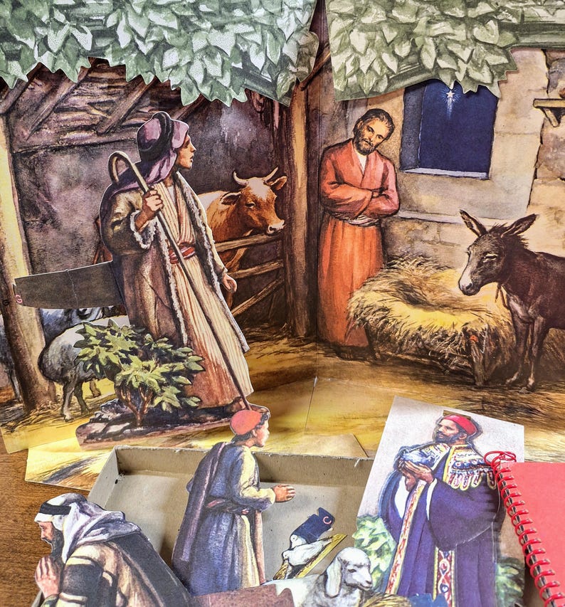 Vintage 1952 Christmas Book & 16 Piece Cardboard Manger Set "the ...