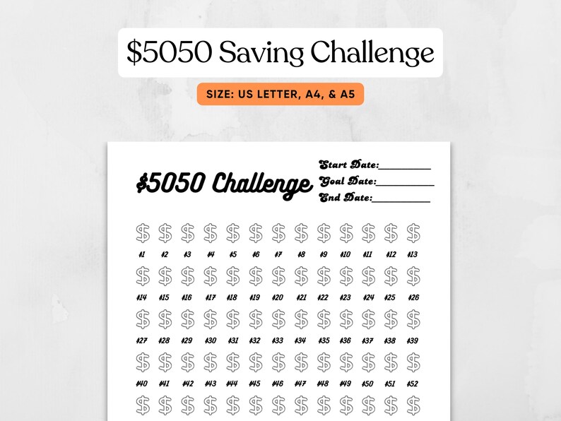 5050 Savings Challenge Printable, 100 Envelope Challenge Printable ...