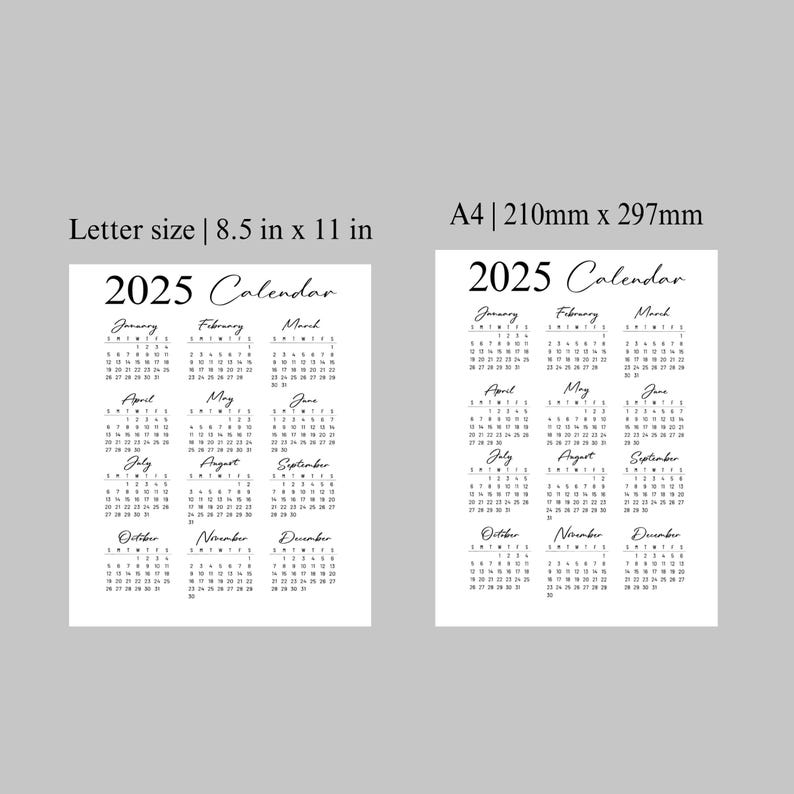 2025 Yearly Calendar, 2025 Calendar, Digital Calendar, Minimalist ...
