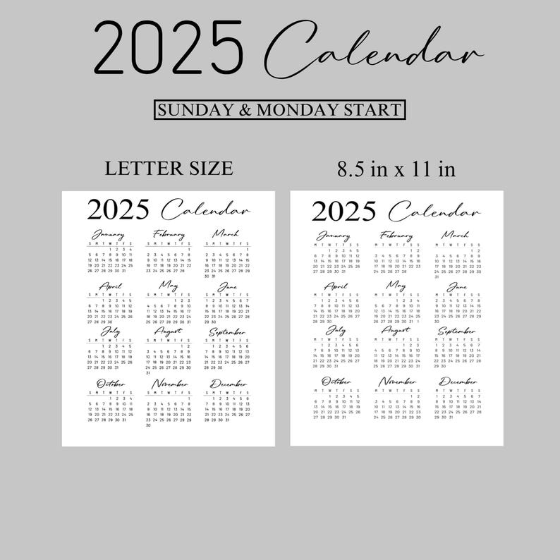 2025 Yearly Calendar, 2025 Calendar, Digital Calendar, Minimalist ...