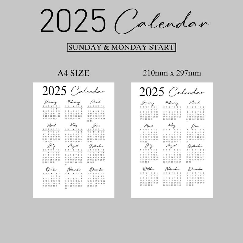 2025 Yearly Calendar, 2025 Calendar, Digital Calendar, Minimalist ...