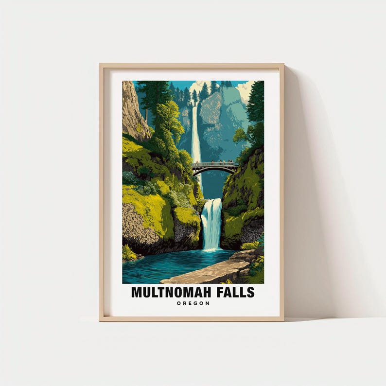 Multnomah Falls Print – USA Poster, Travel Art, Waterfall Scene, Forest ...