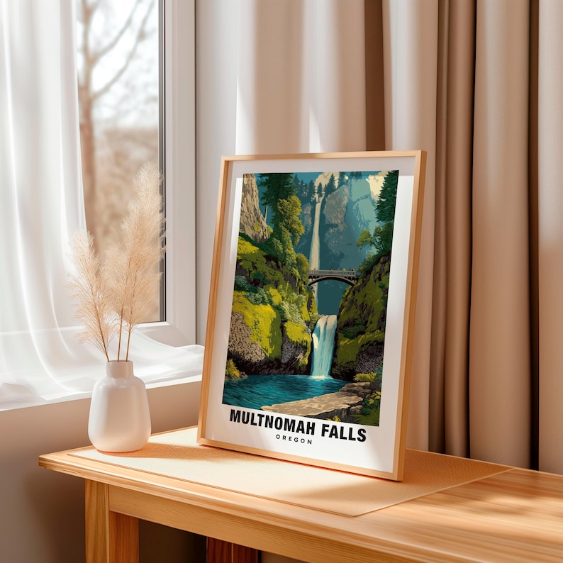 Multnomah Falls Print – USA Poster, Travel Art, Waterfall Scene, Forest ...