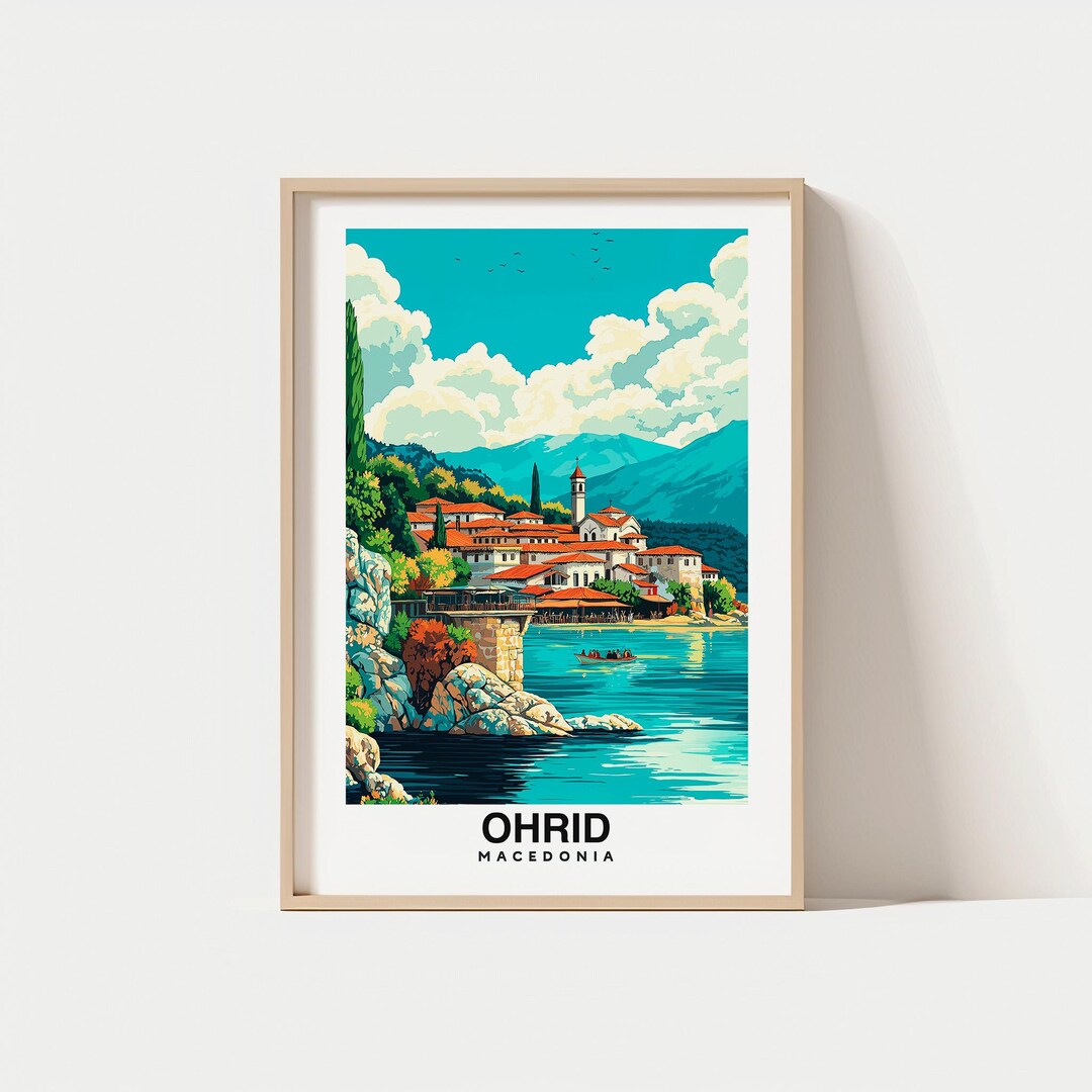 Ohrid Print - Travel Poster, Macedonian Art, Lake Ohrid, Scenic Views ...
