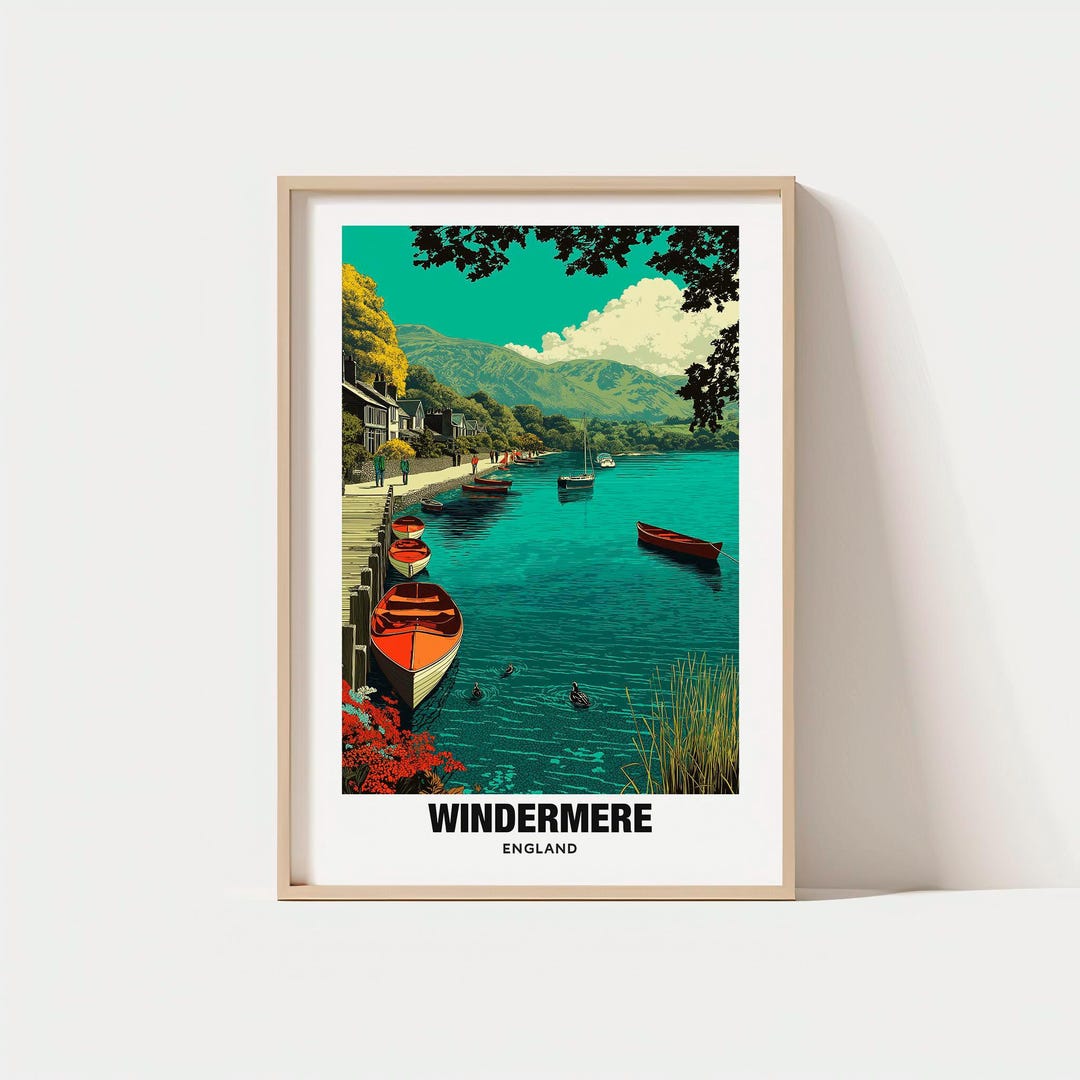 Windermere Print – England Poster, Travel Art, Lake Scene, Mountain ...