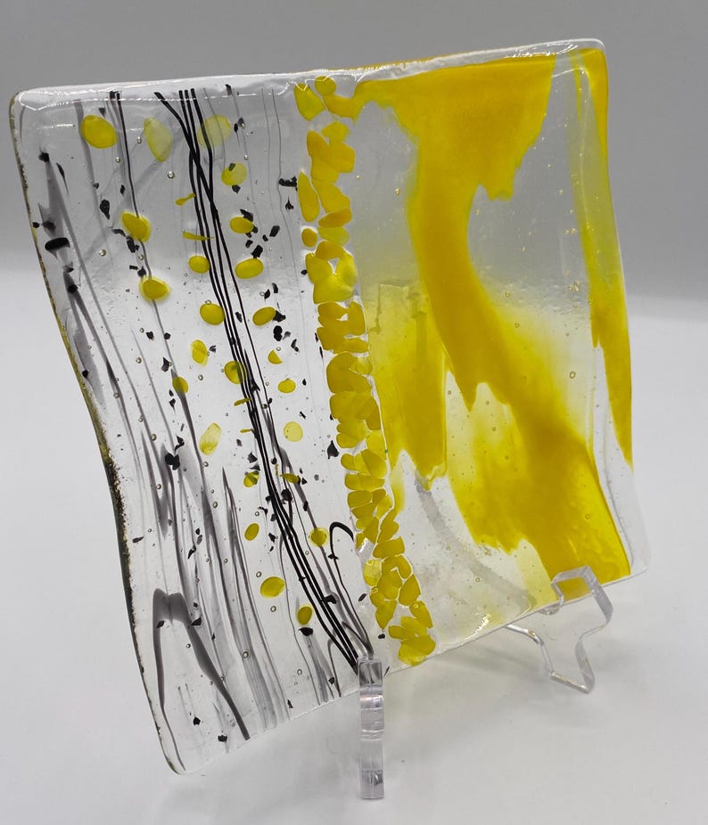 Sunflower Yellow and Black Streamer Fused Glass Plate, Decorative Art ...