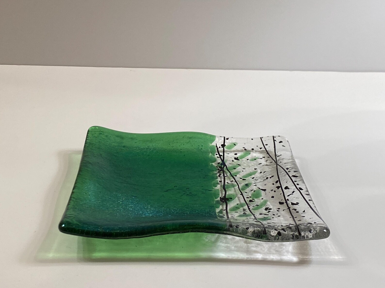 Iridescent Emerald Green and Black Streamer Fused Glass Plate ...