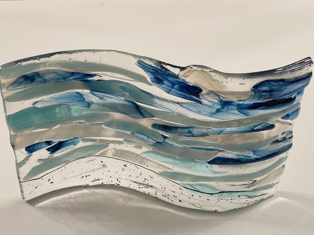 Abstract Ocean Waves Shades of Blue Fused Glass Freestanding Panel ...